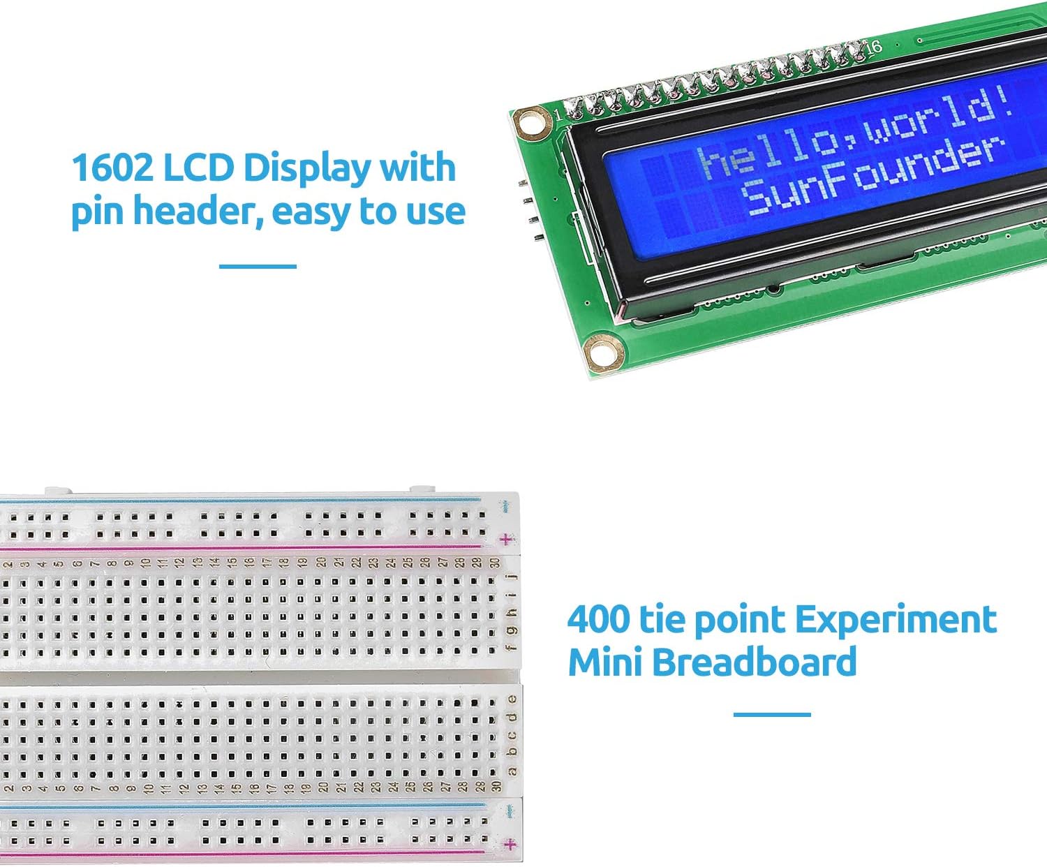 SUNFOUNDER Electronics Fun Kit with 1602 LCD Module, Breadboard, LED ...