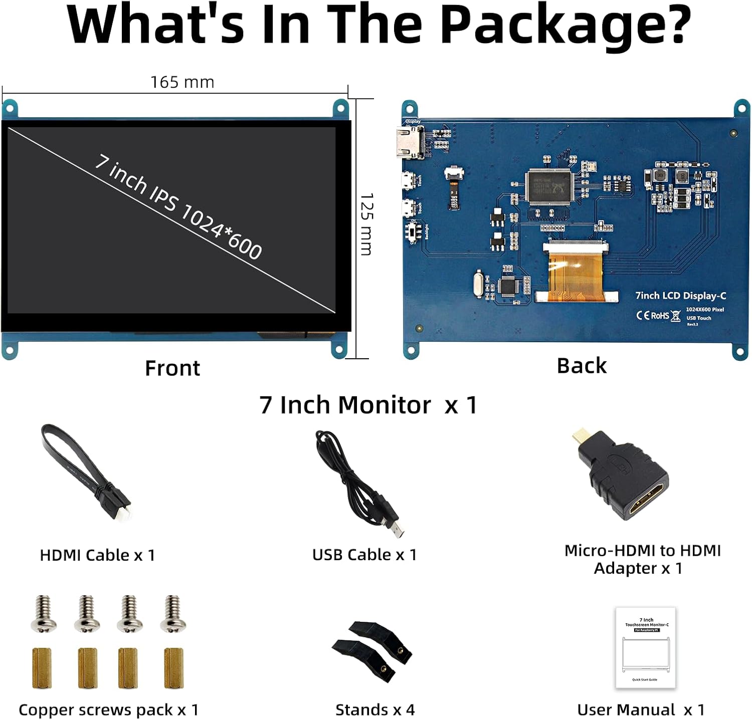 7 Inch LCD Touch Screen, 1024×600 IPS Display with Stand, HDMI Portable ...
