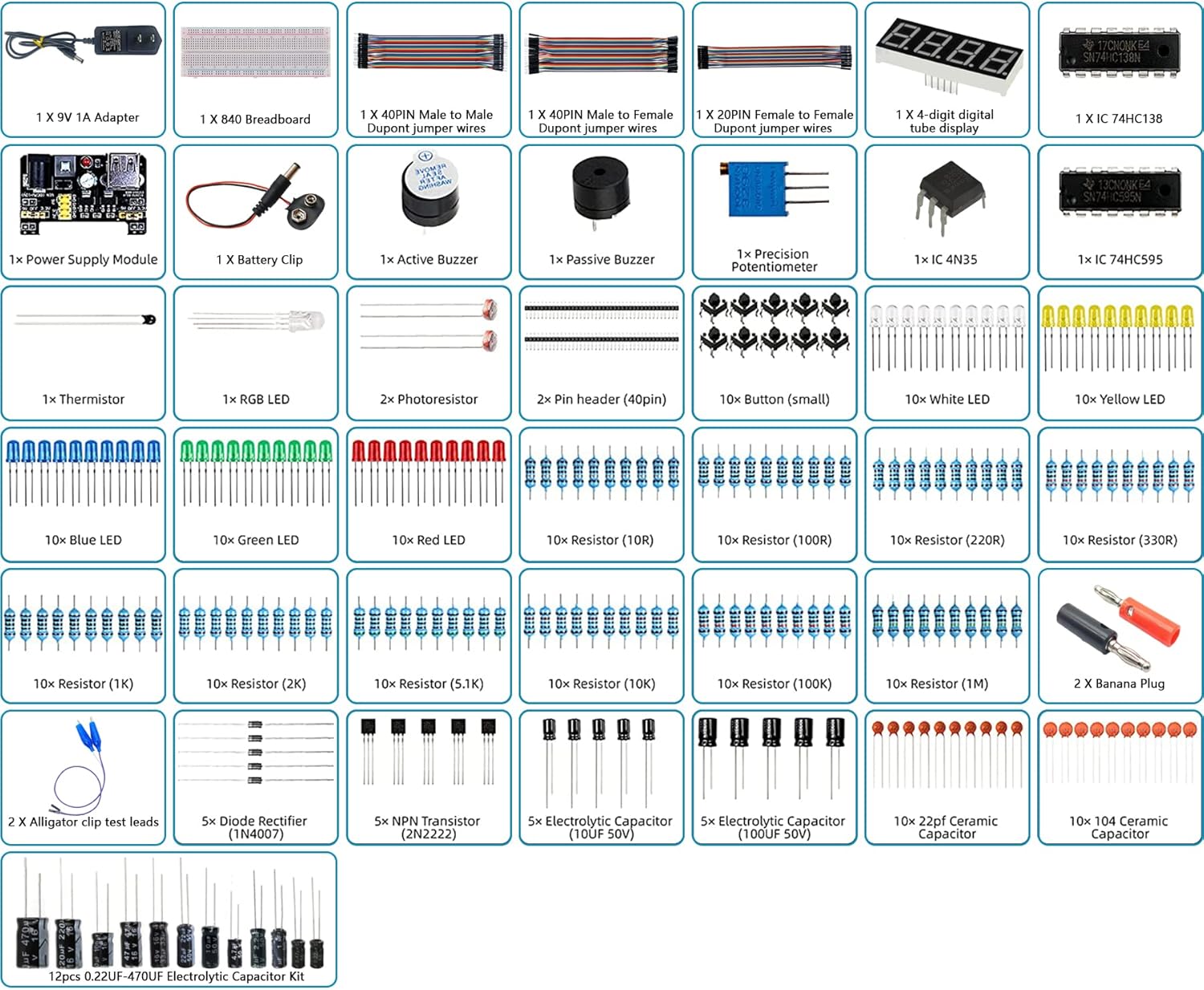 Upgraded Electronics Component Fun Kit Power Supply Module, Jumper Wire, 830 Breadboard, LED ...